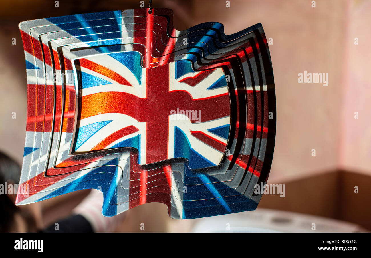 English flag on plate. Shiny metallic plate with the United Kingdom ...