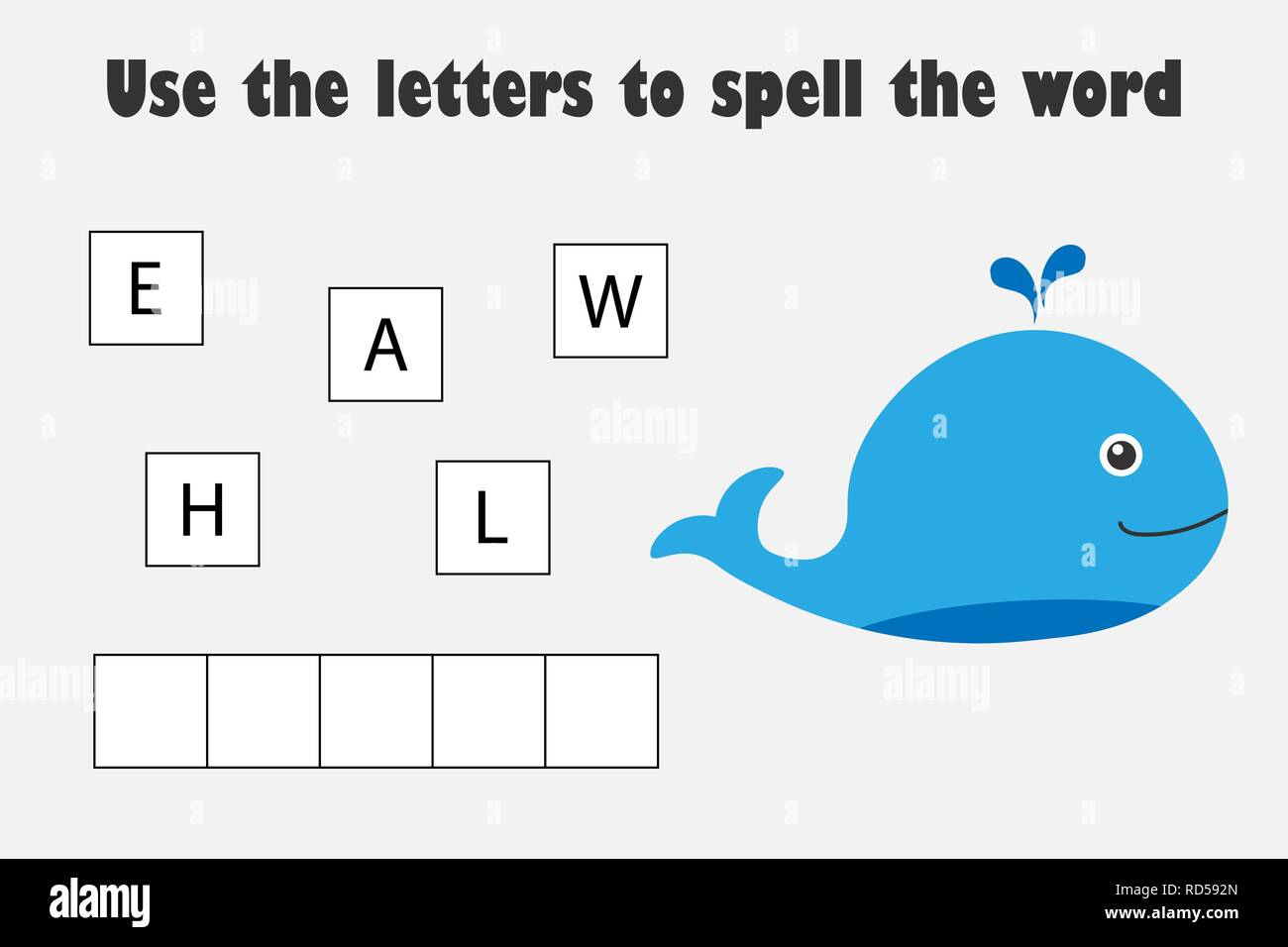 Use the letters to spell the word, whale in cartoon style, educational ...