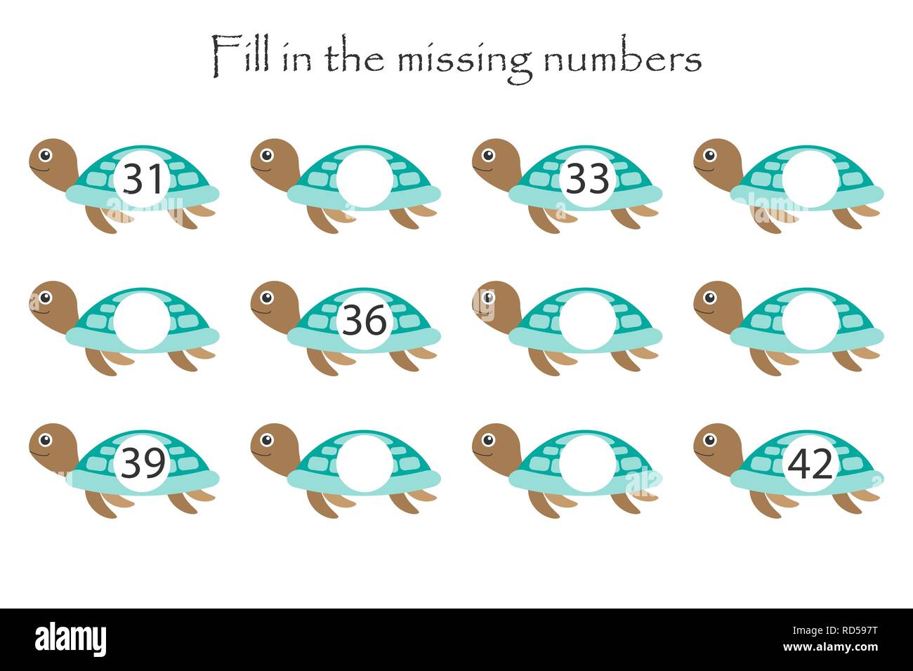 Game with turtles for children, fill in the missing numbers, middle ...