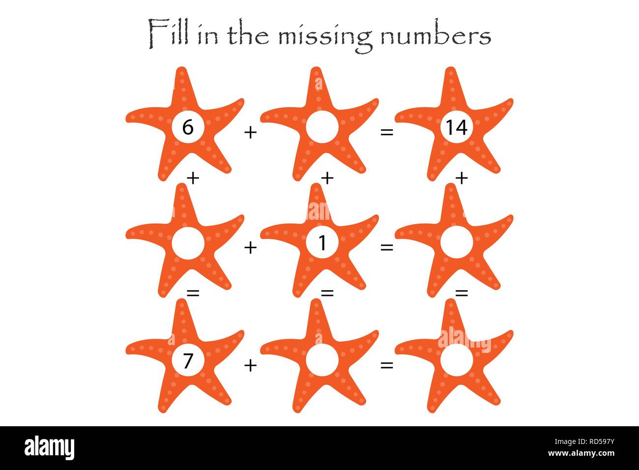 Mathematics game with starfish for children, fill in the missing ...