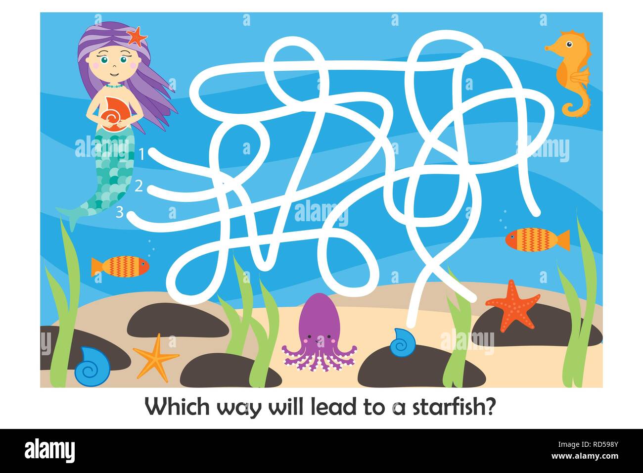 Labyrinth game, help the mermaid to find a way to the starfish, cute ...