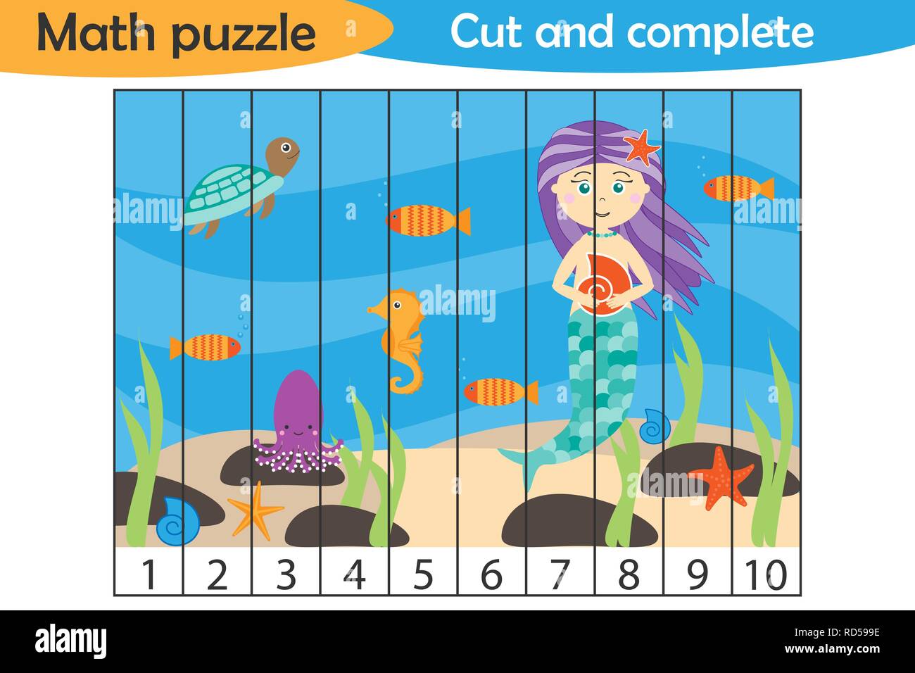 Math puzzle, mermaid and sea world underwater in cartoon style ...