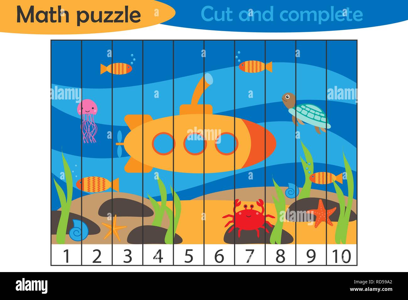 Math puzzle, sea world underwater in cartoon style, education game for ...