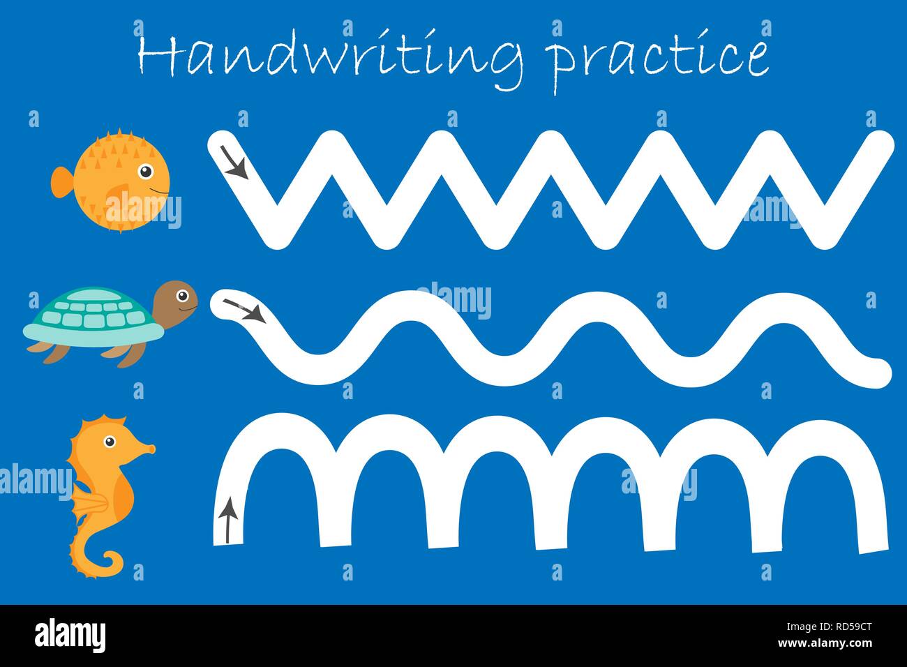 Ocean and sea animals puffer fish, turtle, seahorse, handwriting ...
