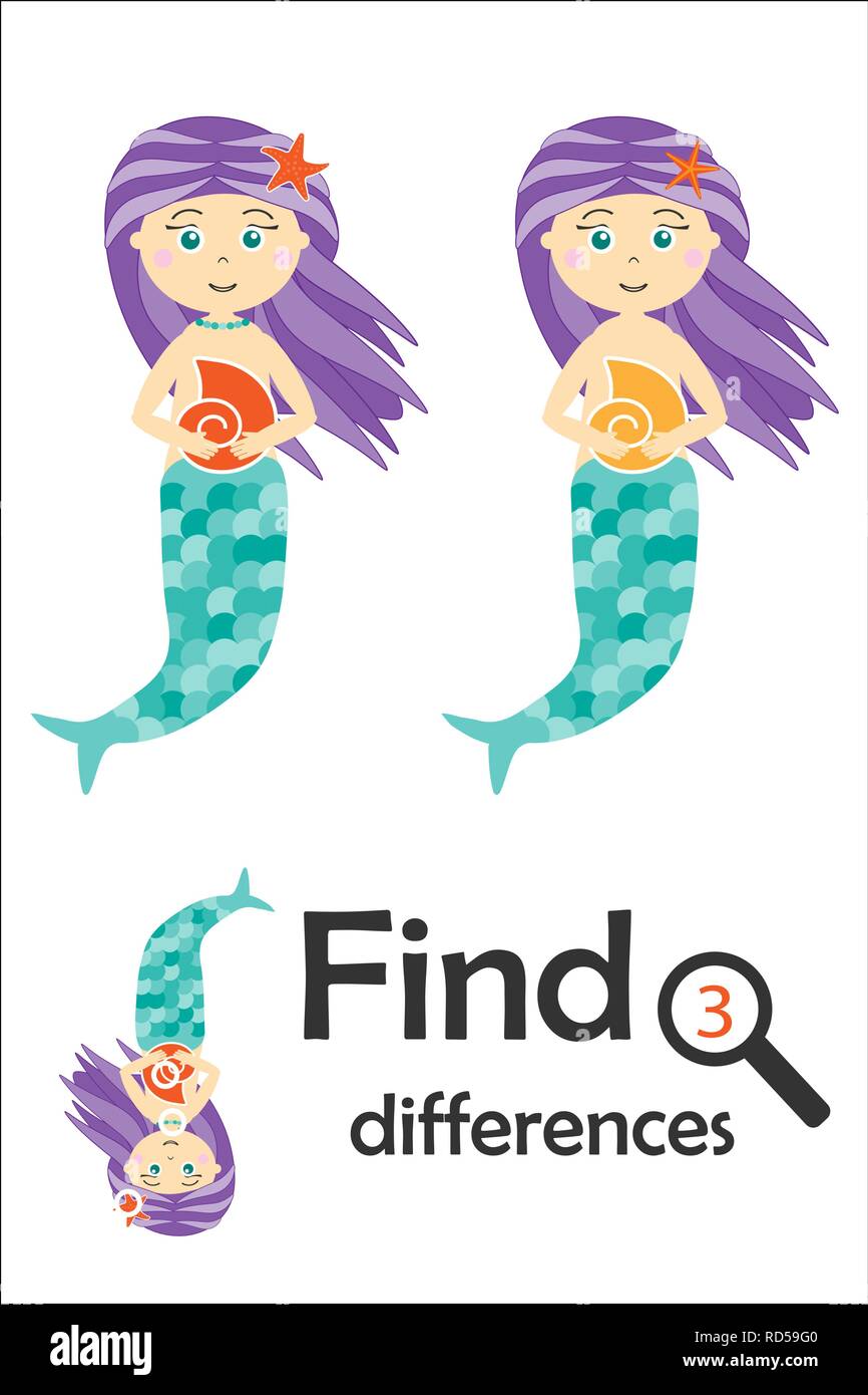 Find 3 differences, game for children, mermaid in cartoon style ...