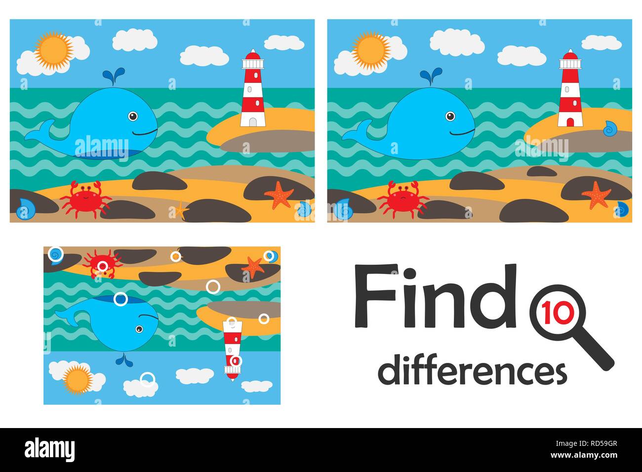 Find 10 differences, game for children, ocean life in cartoon style ...