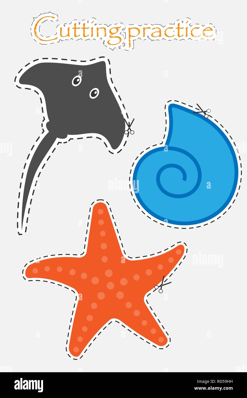 Starfish, stingray and shell in cartoon style, cutting practice ...