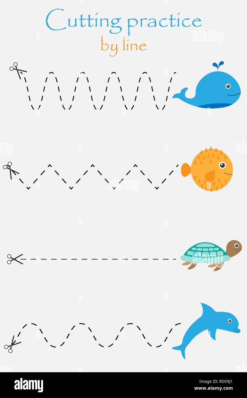 Ocean animals puffer fish, turtle, wheel, dolphin in cartoon style ...