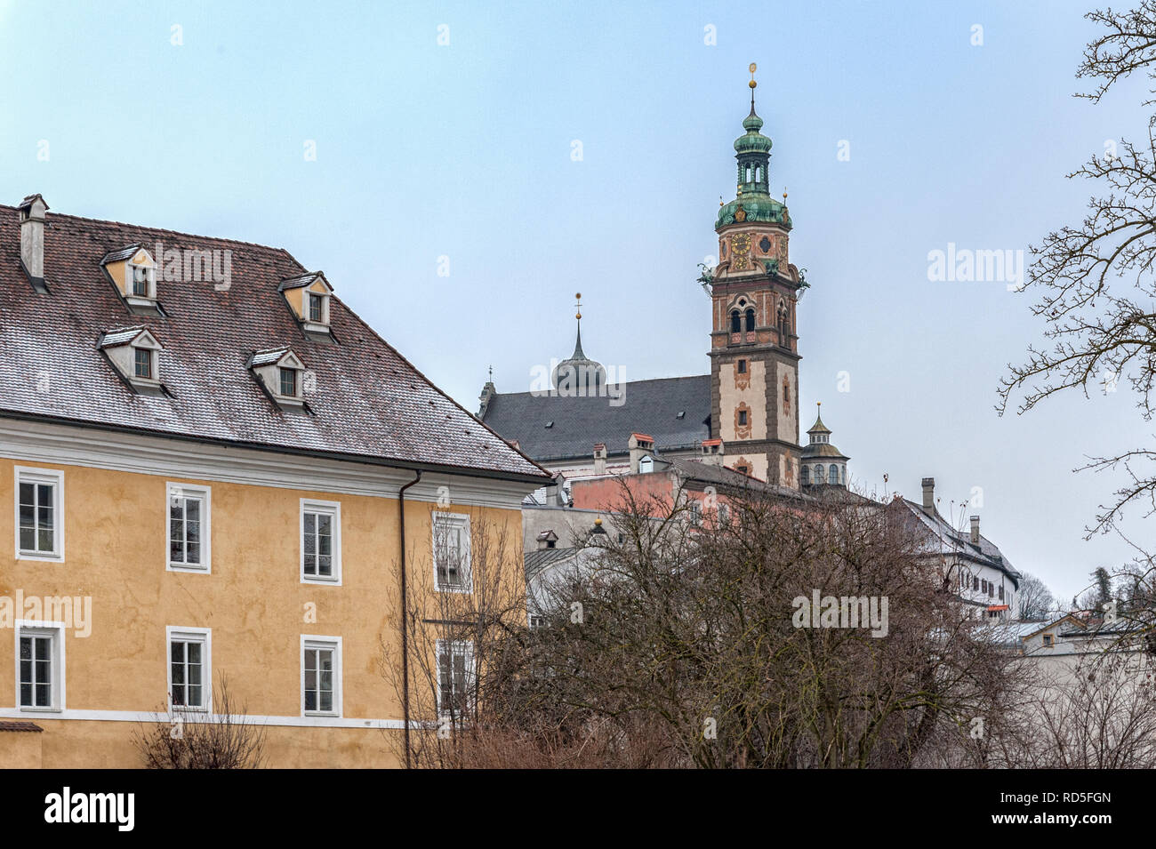 HALL IN TIROL, AUSTRIA - DECEMBER, 30 2018: Traditional buildings and ...
