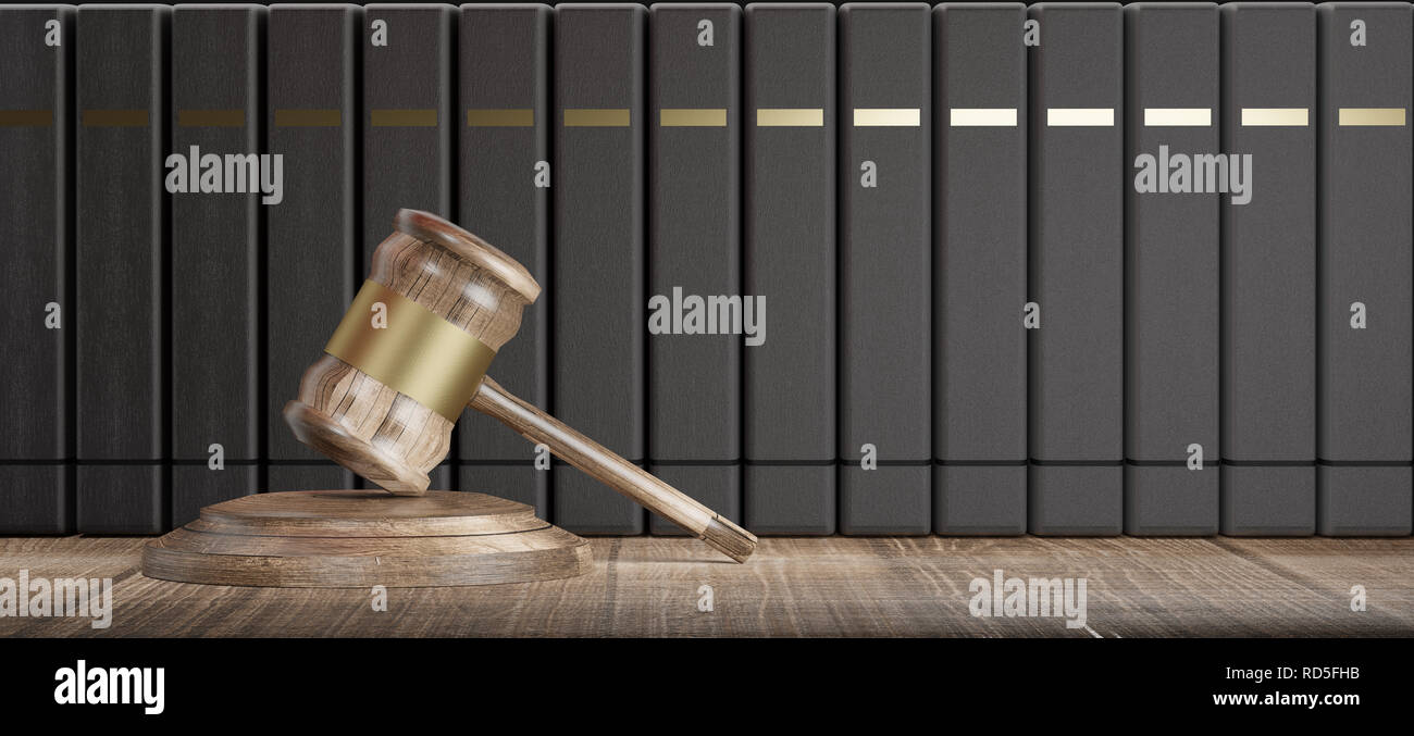 wooden judge gavel and law books 3d-illustration Stock Photo - Alamy