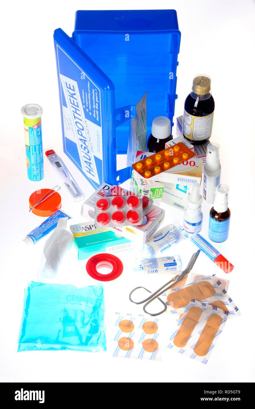Home medicine chest with a selection of medicines and dressing material ...