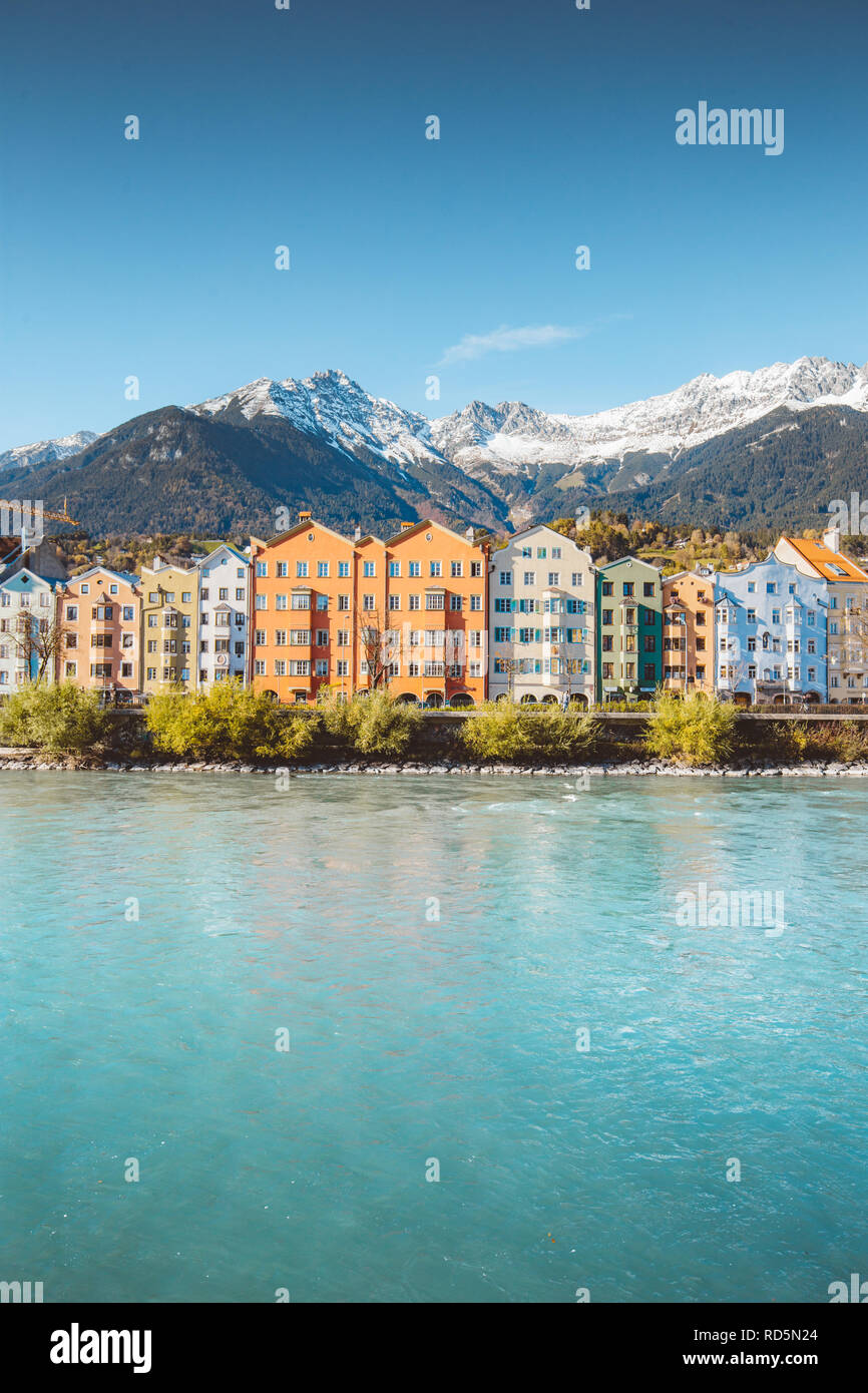 Panoramic view of the historic city center of Innsbruck with colorful ...