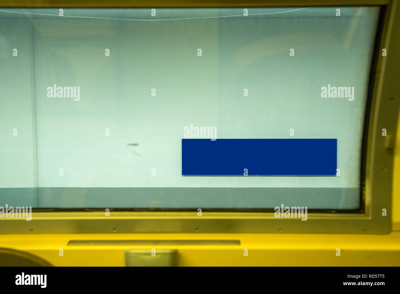 train banner blank sign station blu from inside seat window Stock Photo ...