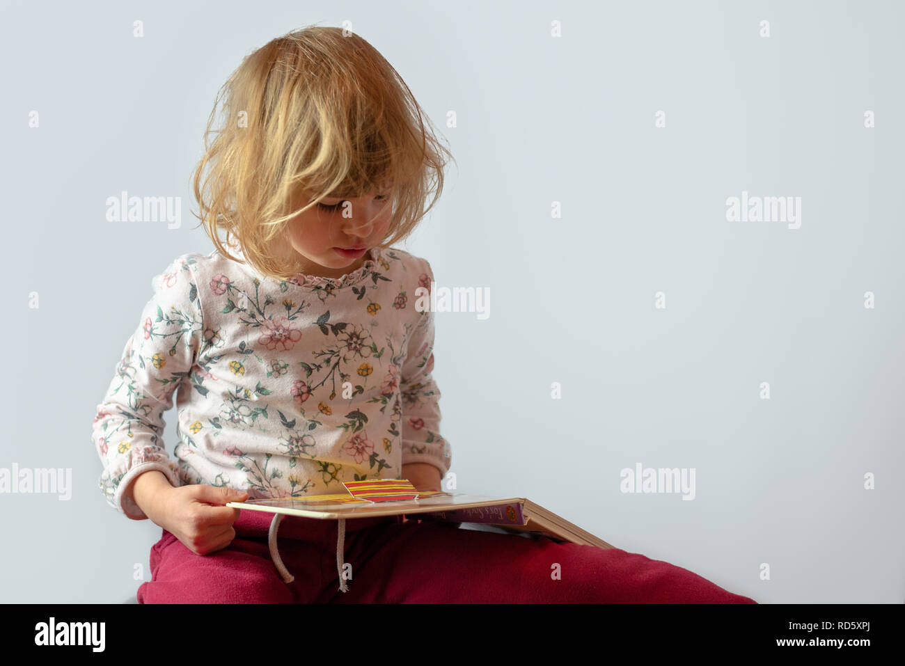 preschool girl reading book studio portrait on clean background Stock ...