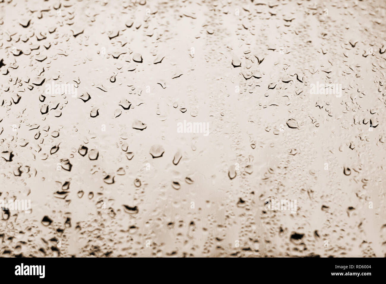 High contrast photo of drops of rain on a window glass with light pale ...