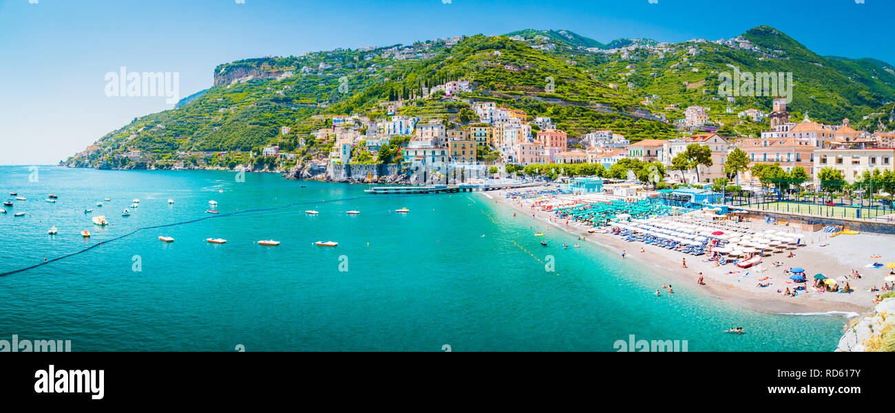 Scenic panoramic view of the beautiful town of Amalfi at famous Amalfi ...