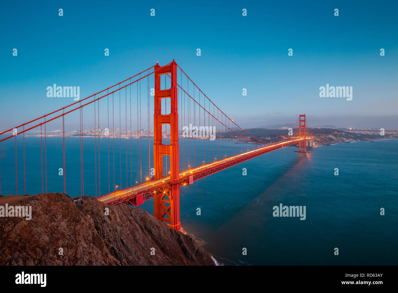 Classic panoramic view of famous Golden Gate Bridge seen from Battery ...
