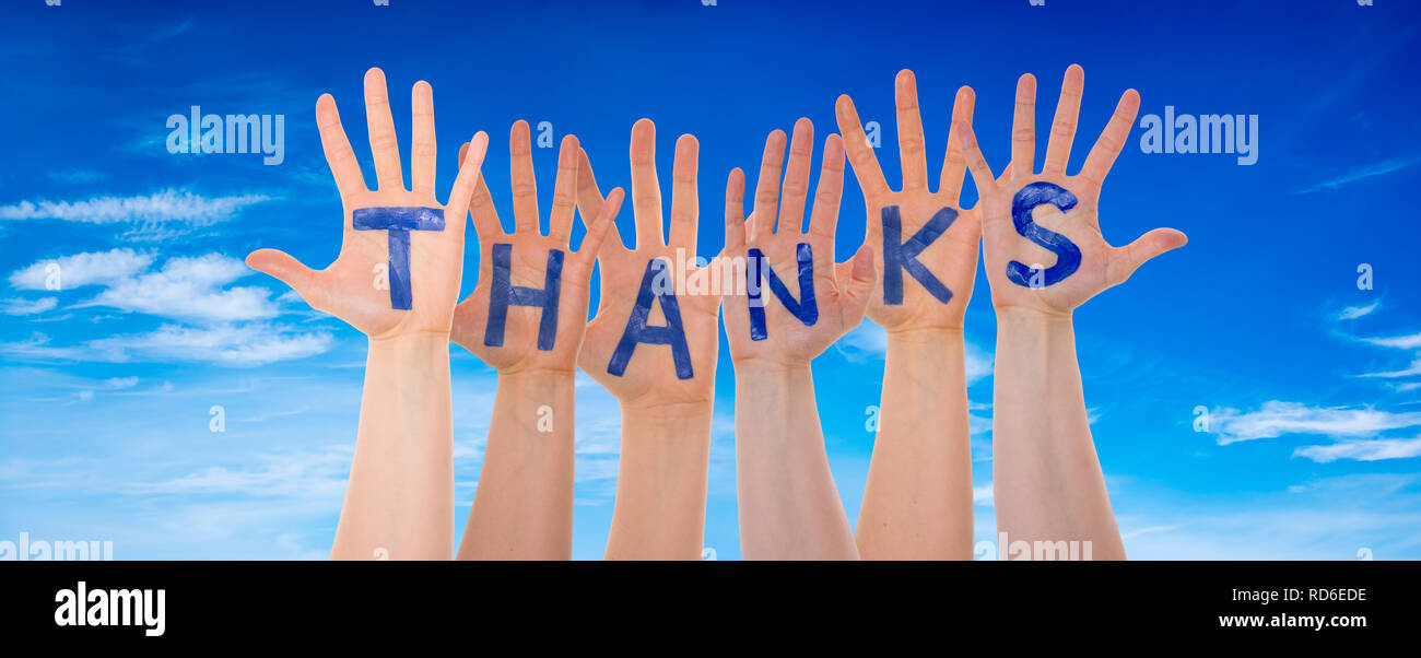 Many Hands Building English Word Thanks. Blue Cloudy Sky As Background ...