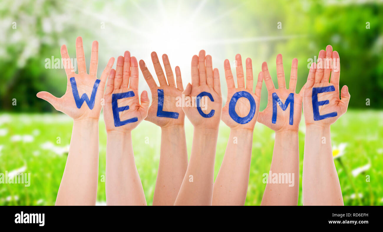 Many Hands Building English Word Welcome. Sunny And Shiny Grass Meadow ...