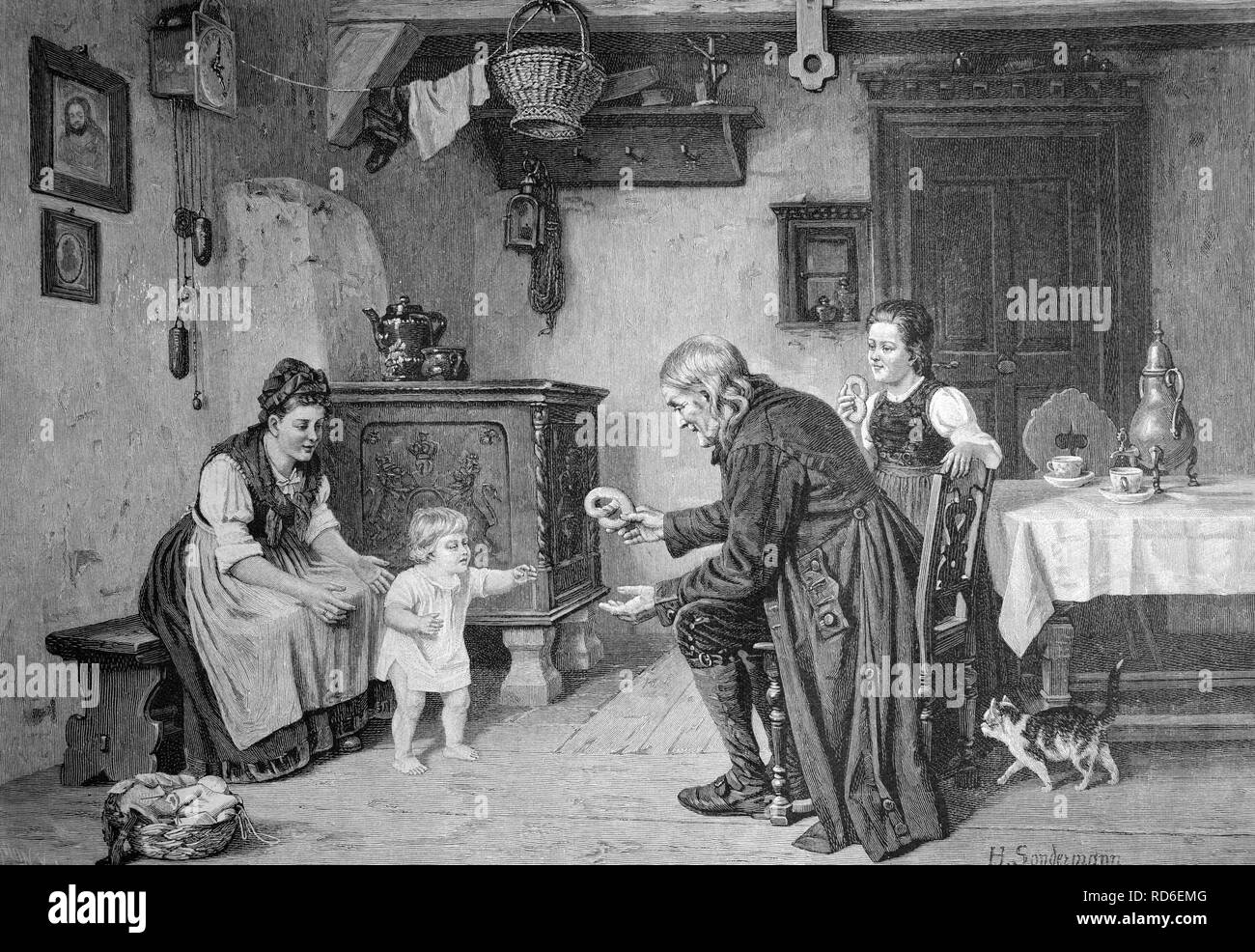 First steps of the baby in the family, historical illustration circa ...