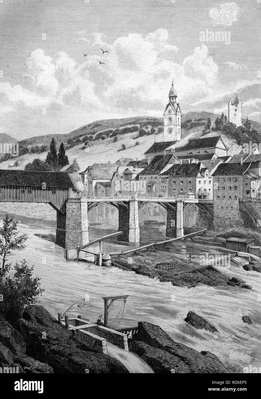 Salmon fishing in Laufenburg on the Rhine, Baden-Wuerttemberg, Germany ...