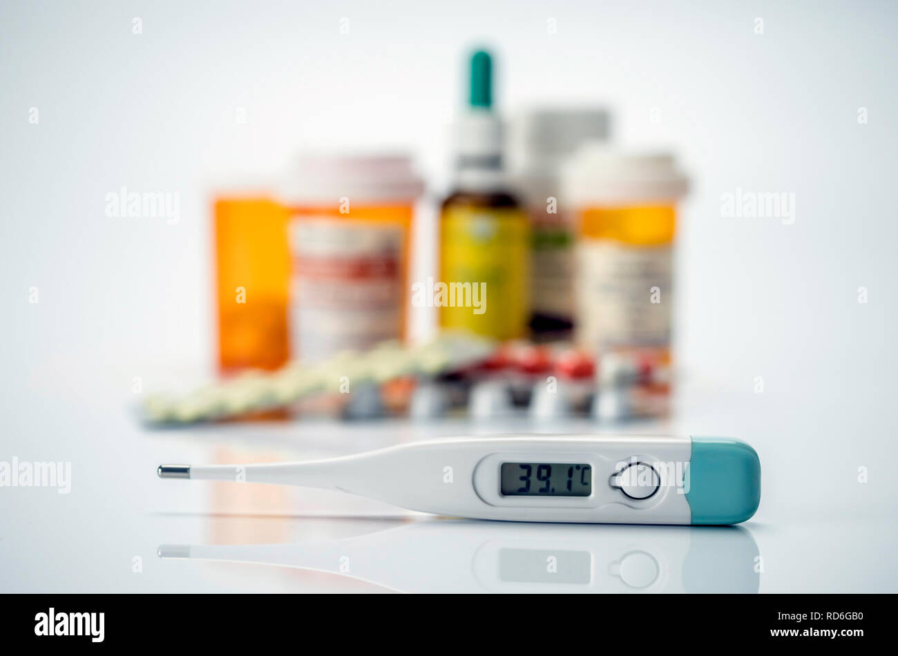 Digital thermometer marks 39 grades with a hundredth, conceptual image ...