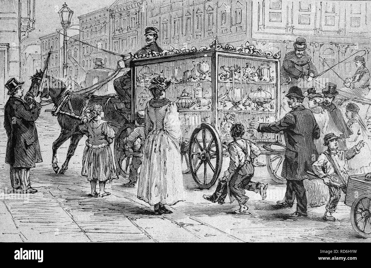 Travelling merchant, Zehnmarkbazar, in Berlin, Germany, historical ...