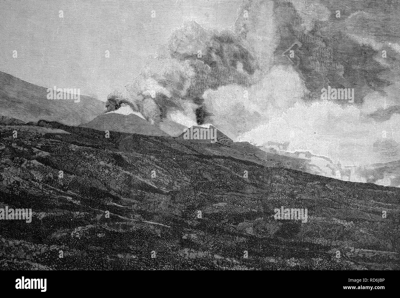 Eruption of Mount Etna, Sicily, Italy, historical illustration circa ...