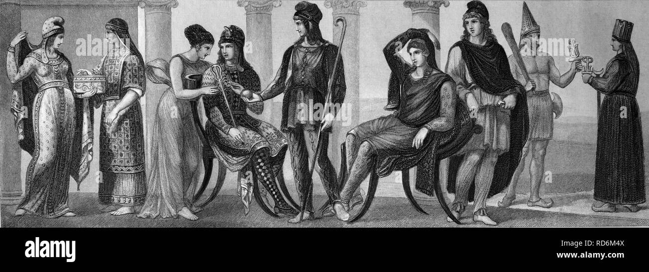 Fashion, costumes from ancient times, from left: Phrygian women's ...