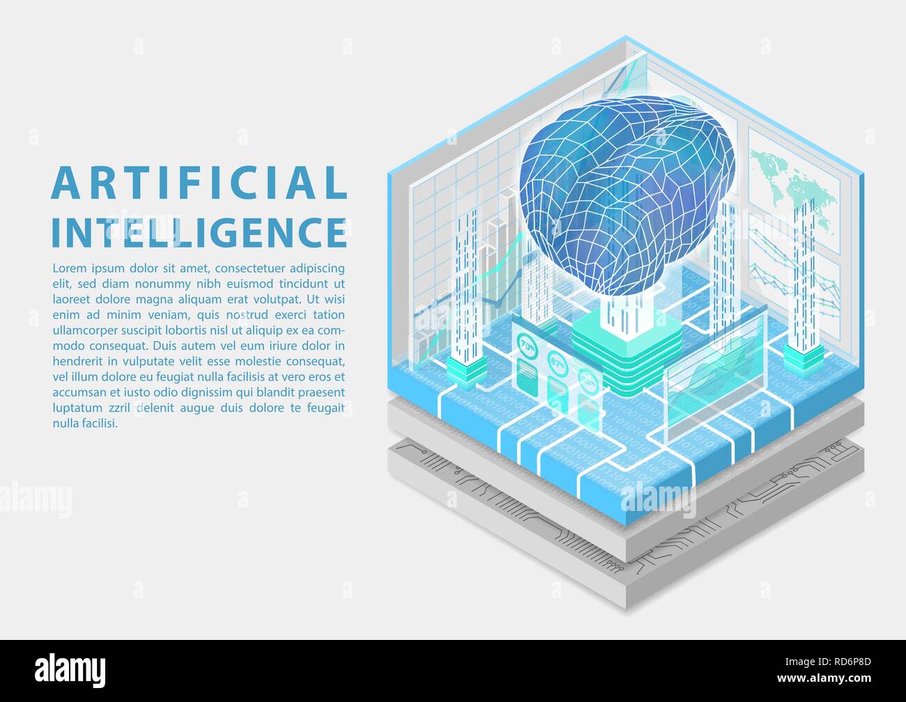 Artificial Intelligence concept with digital brain as isometric vector ...