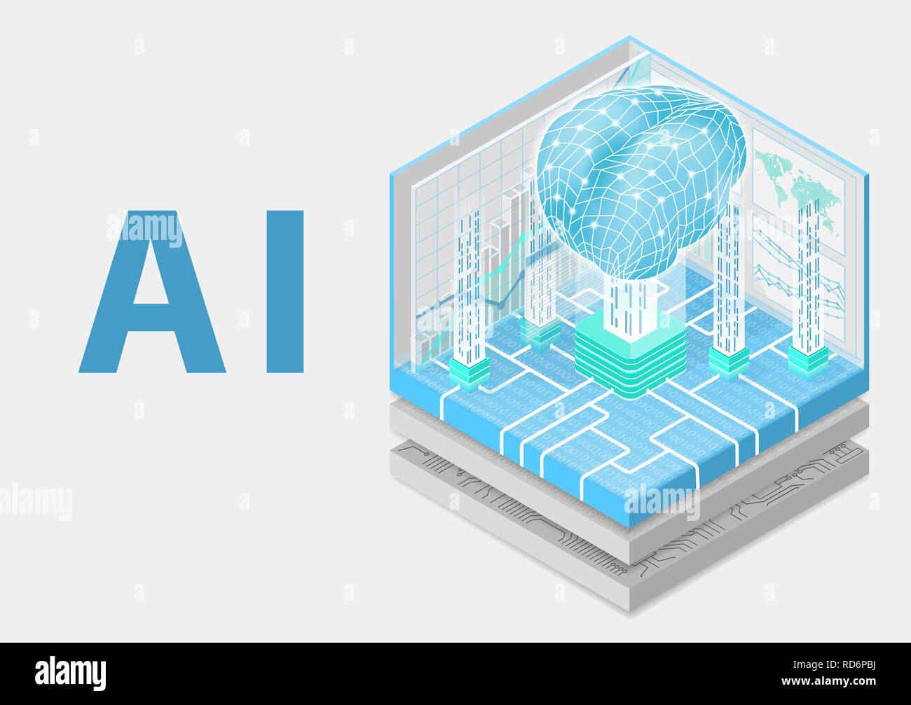 Artificial Intelligence concept with digital brain as isometric vector ...