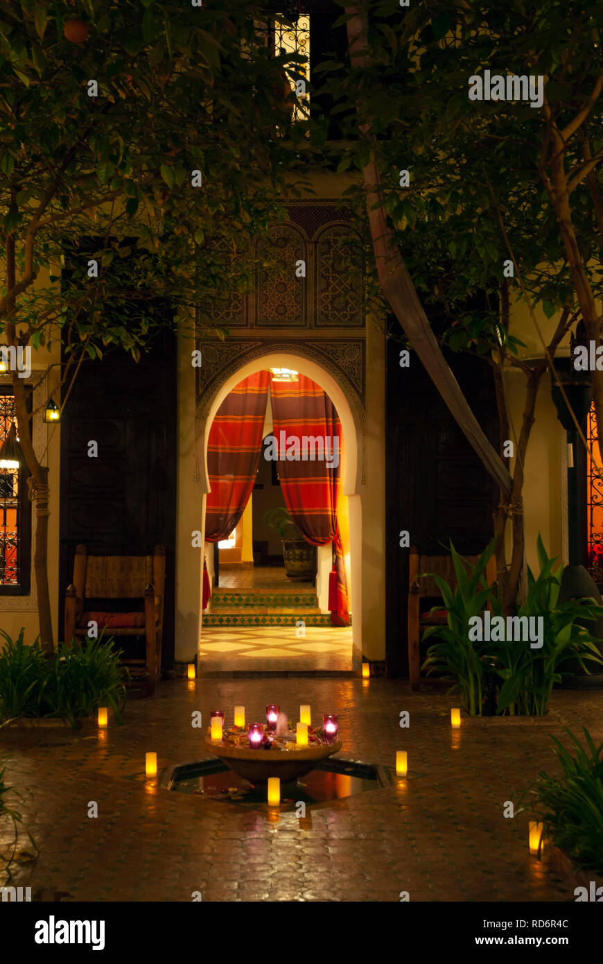 The interior courtyard of a traditional Moroccan riad, Marrakech ...