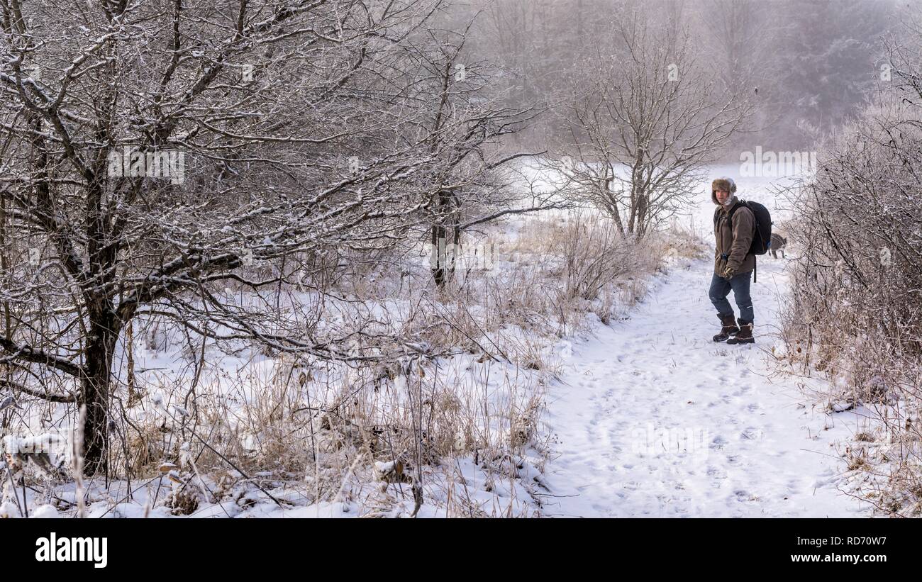 Early Winter Hiking In The Fog Stock Photo - Alamy