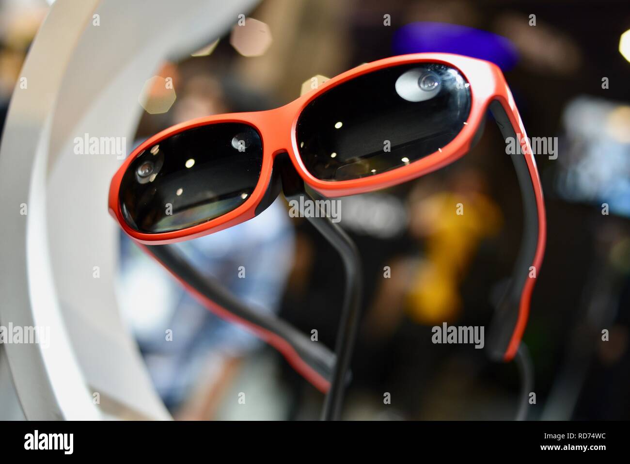Close up of Augmented Reality/Mixed Reality nreal glasses at CES, held ...