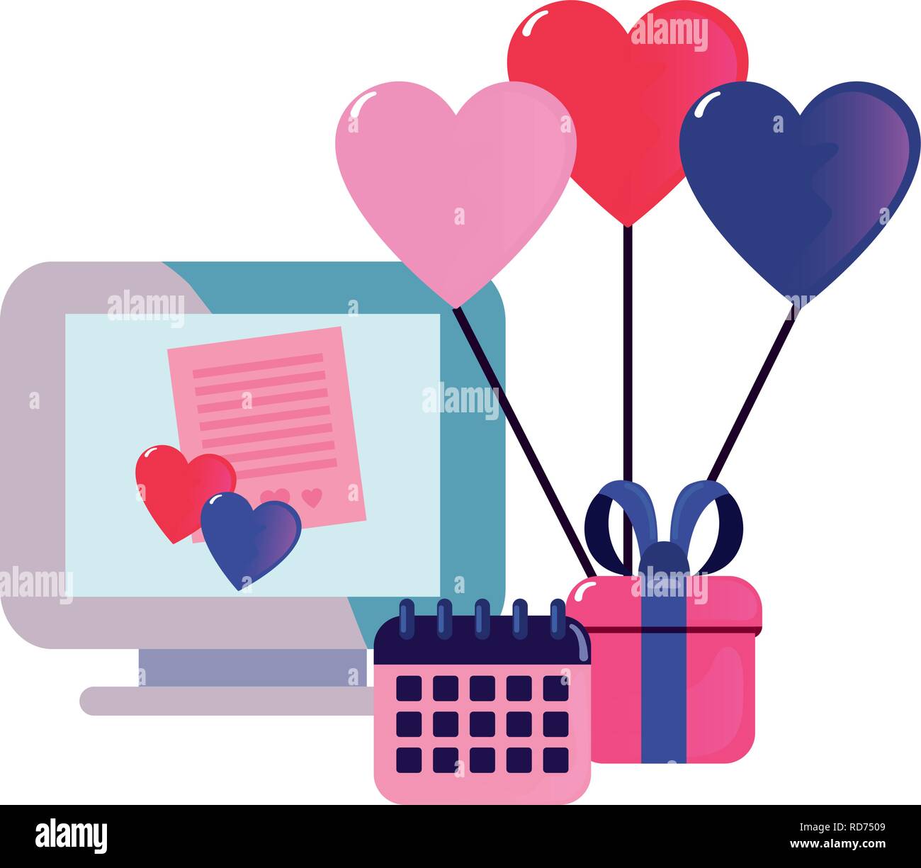 computer calendar and gift balloons happy valentines day vector ...