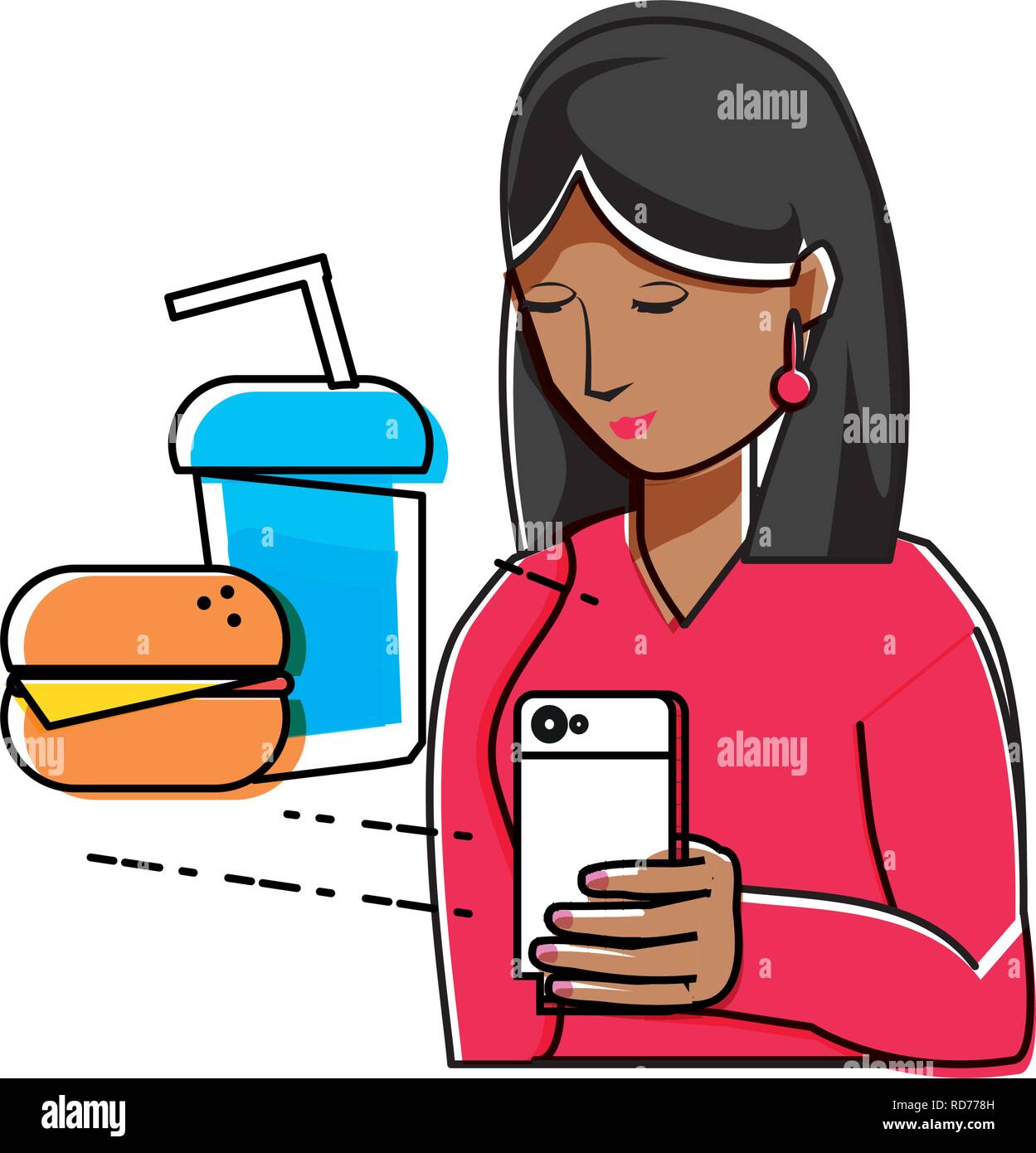 woman using smartphone buying fast food vector illustration design ...