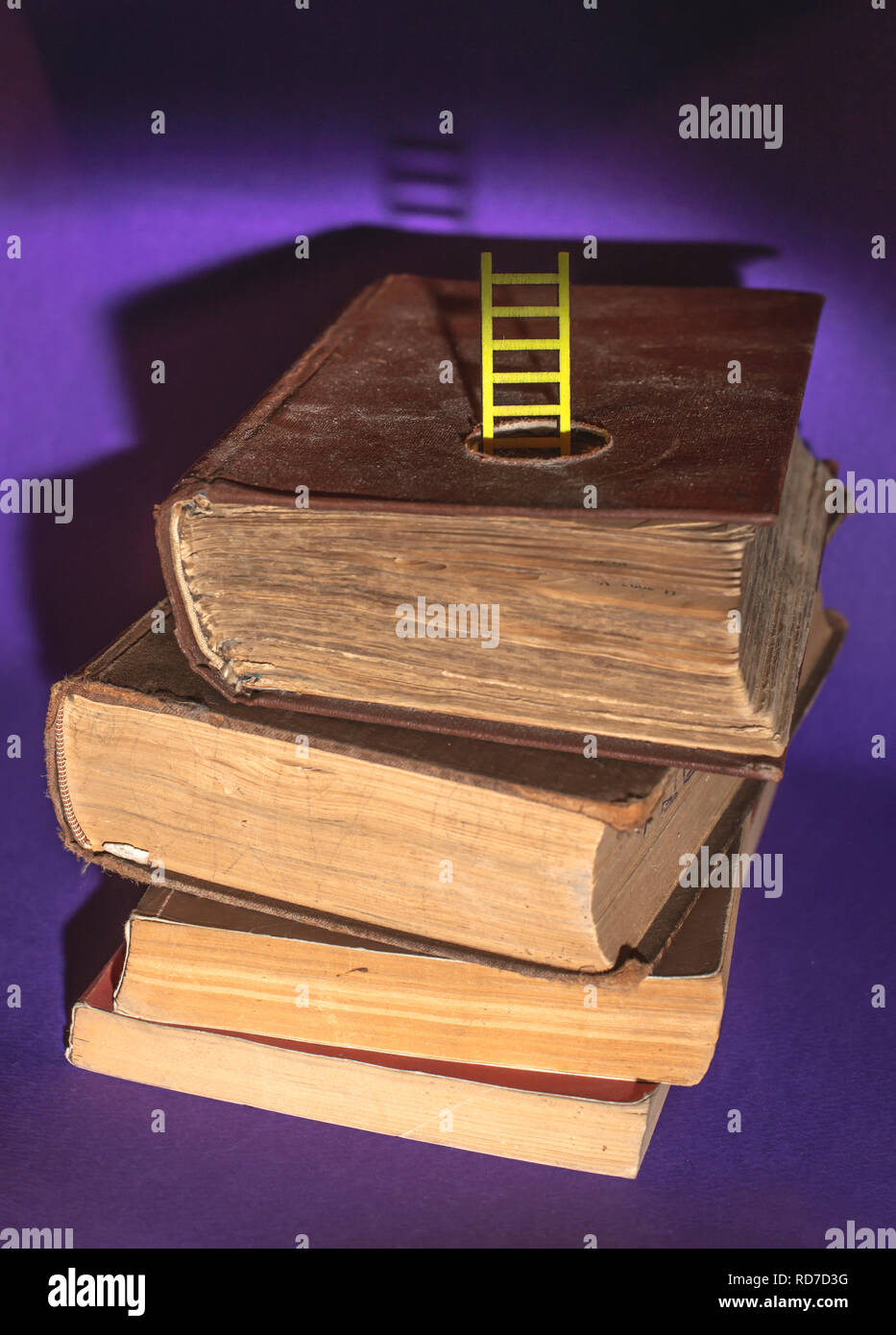 Stacked books and small ladder appear from inside the book. Abstract ...