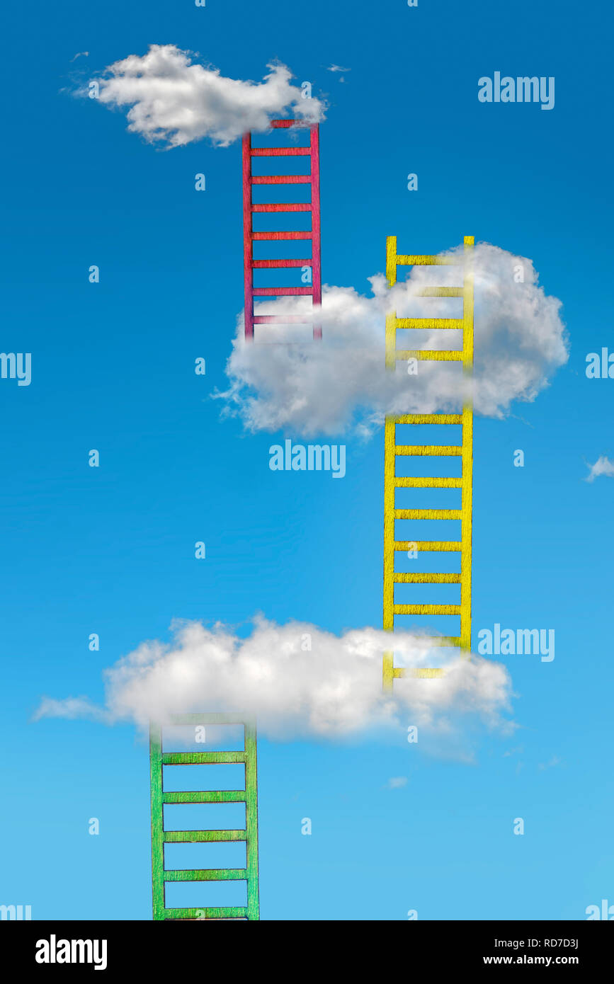 Ladders in the clouds on blue sky. Abstract concept with colored ladder ...