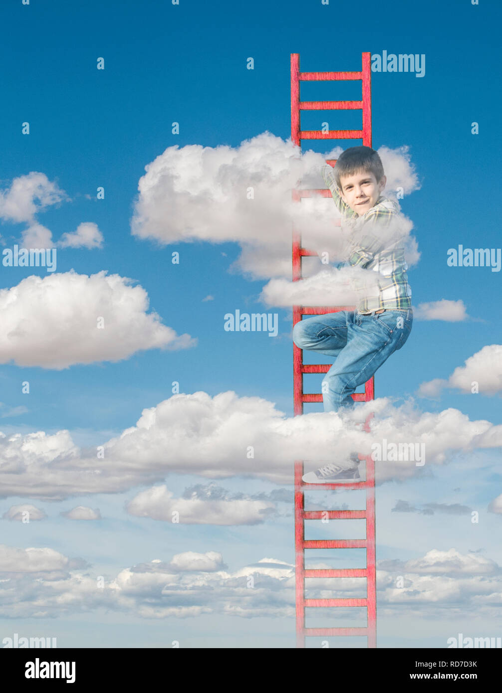 Child on Ladder in the clouds on blue sky. Abstract concept with boy on ...