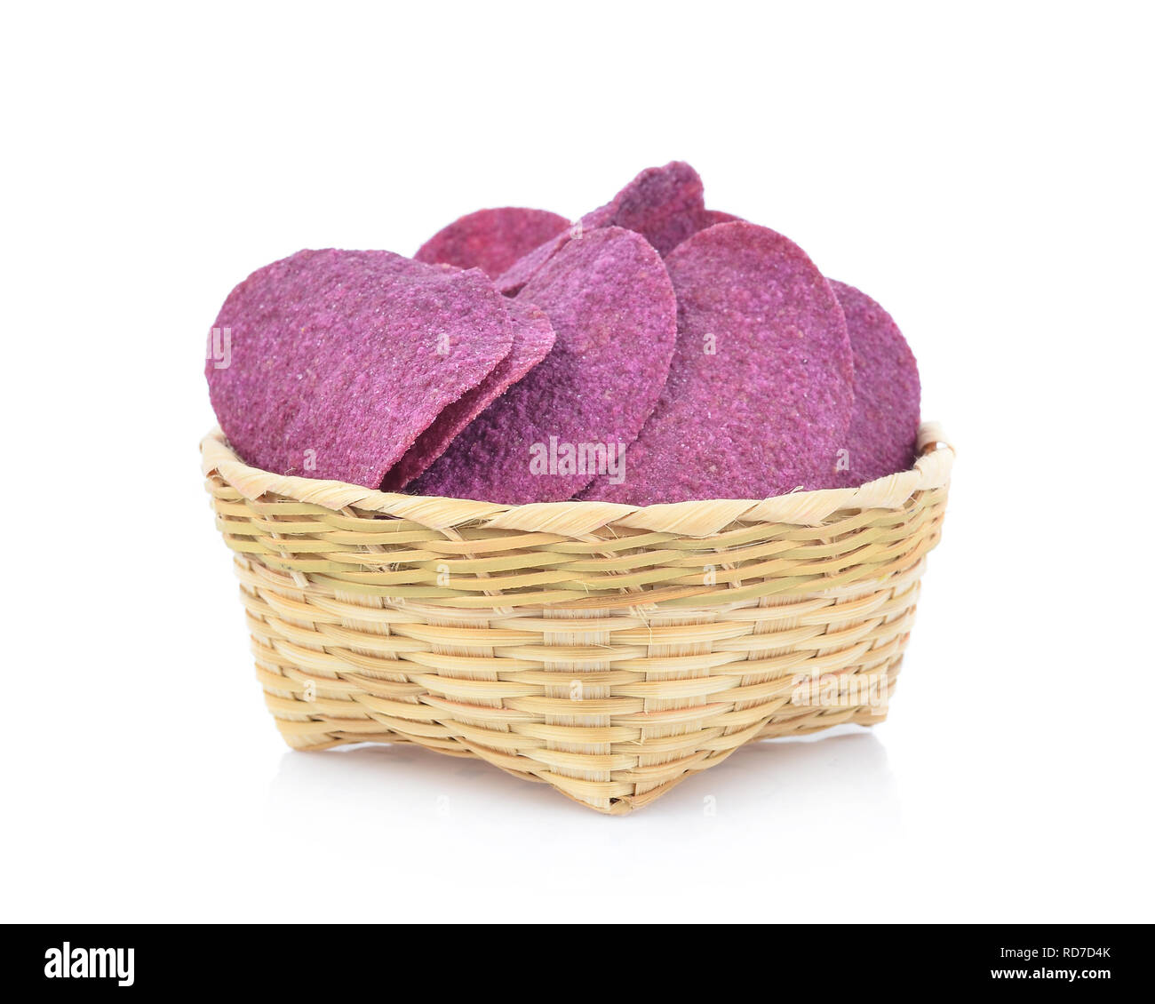 Sweet patato chips in bomboo basket isolated on white background Stock ...