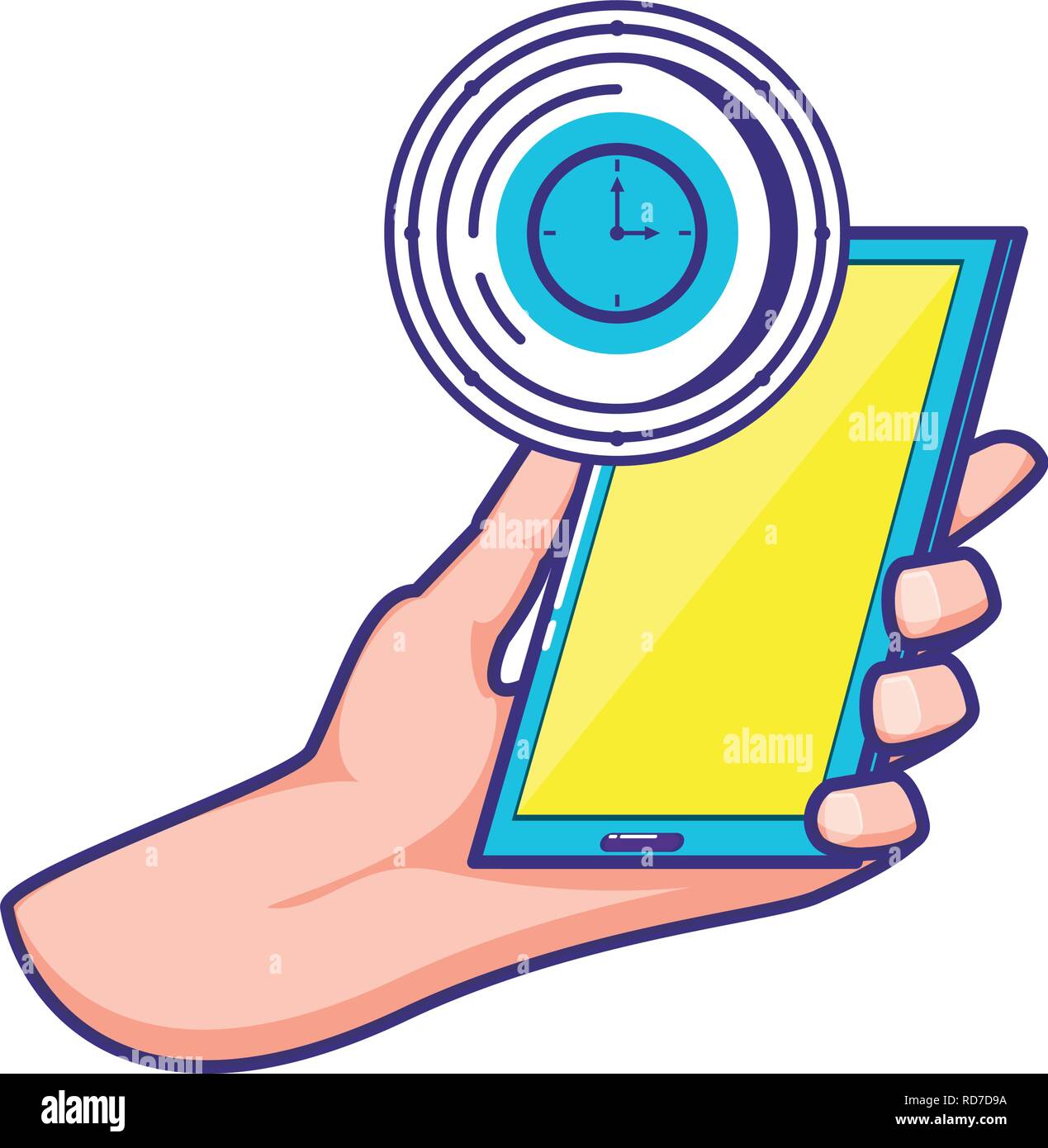 hand using smartphone with time clock vector illustration design Stock ...