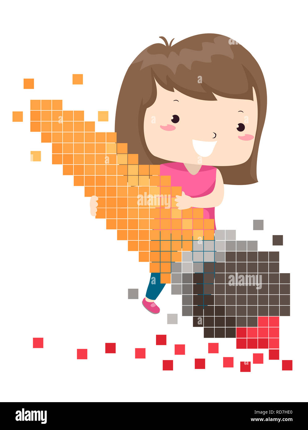 Illustration of a Kid Girl Holding a Paintbrush In Pixel Art. Digital ...