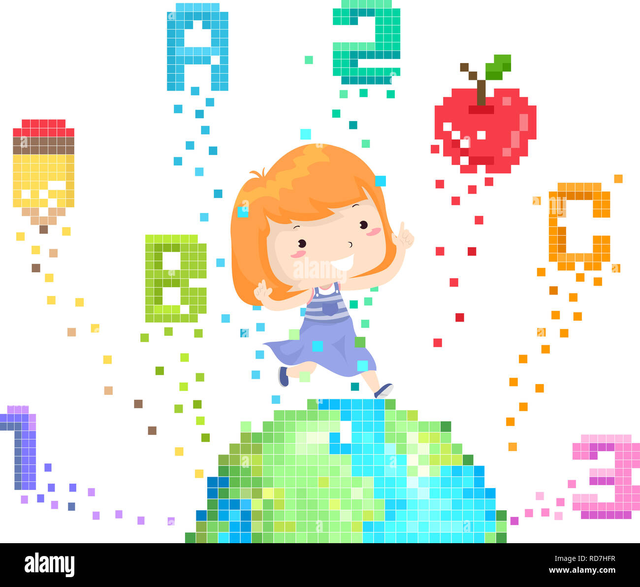 Illustration of a Kid Girl Jumping On Top of a Pixel Art Earth with ...