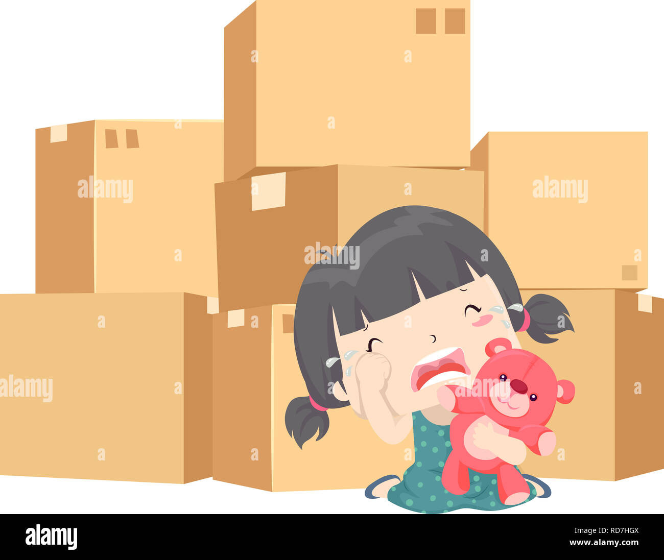 Illustration of a Kid Girl Crying with Moving House Cardboard Boxes ...