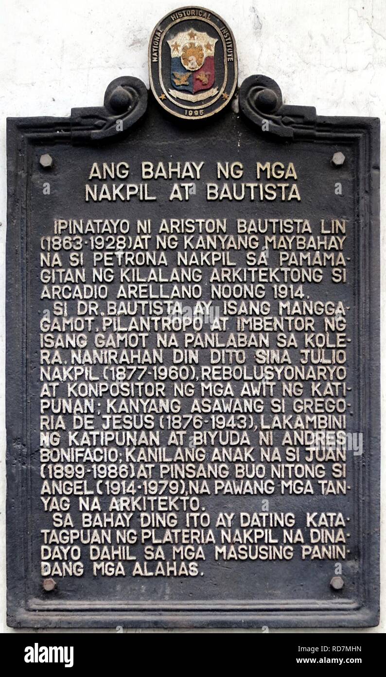 Ang Bahay ng mga Nakpil at Bautista historical marker Stock Photo - Alamy