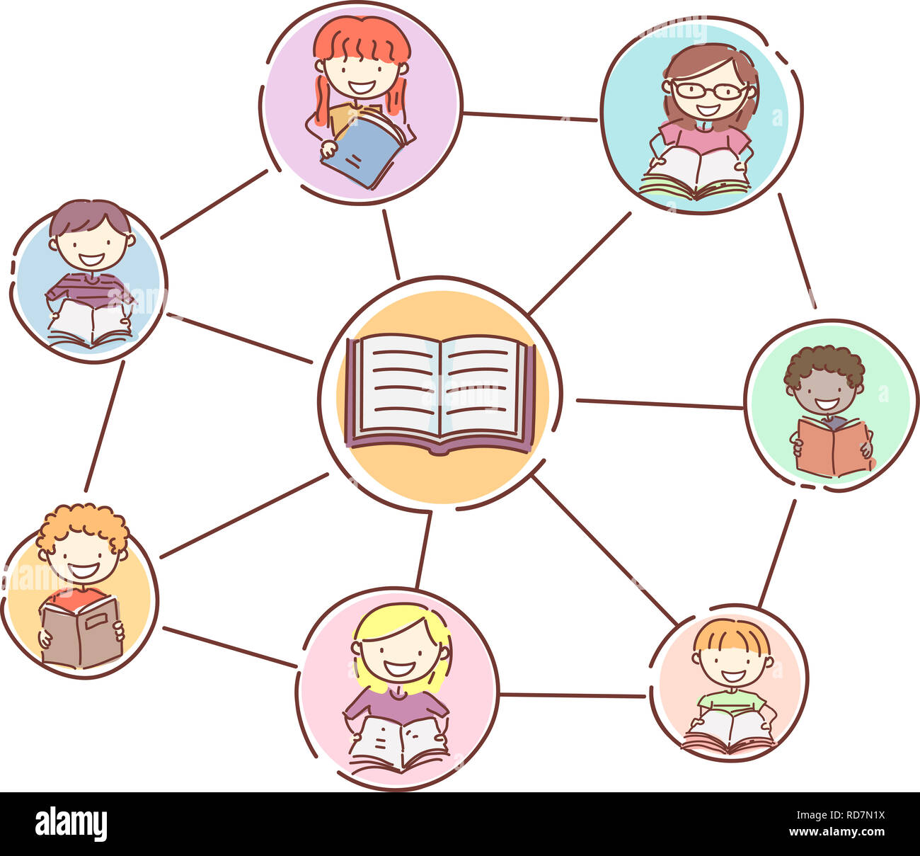 Illustration of Stickman Kids with Open Books Connected as a Network ...