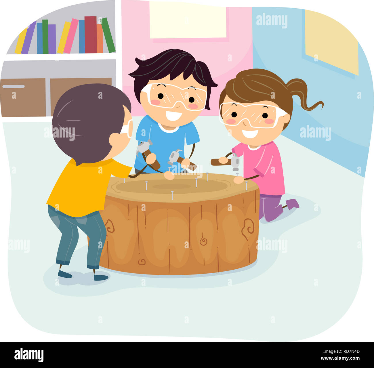 Illustration of Stickman Kids Wearing Goggles and Hammering Nails as ...