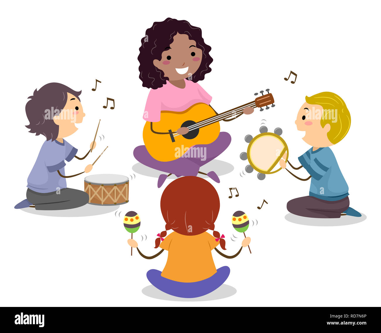 Illustration of Stickman Kids Playing Music in a Circle with Guitar ...