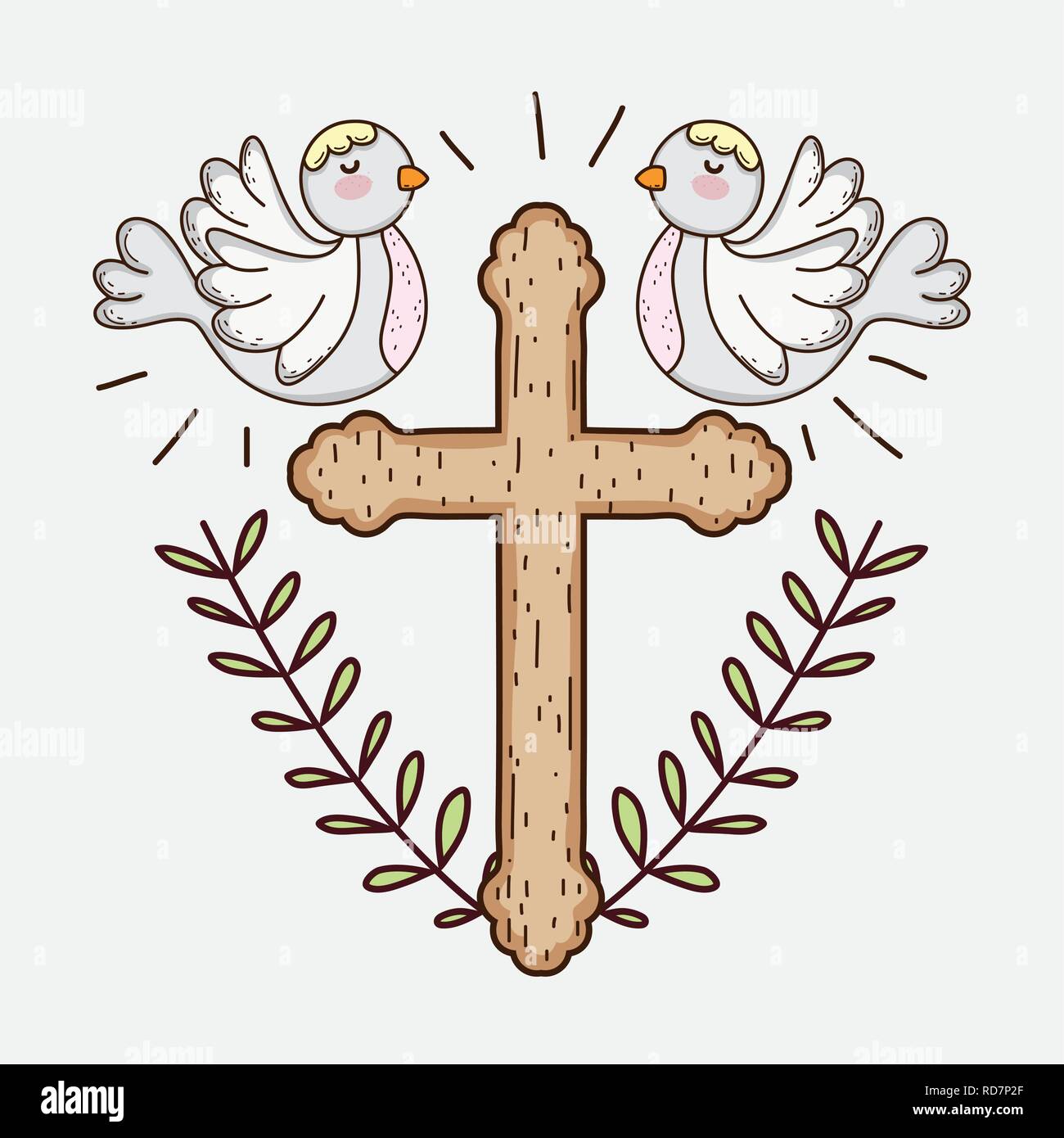 first communion with cross and doves with branches leaves Stock Vector ...