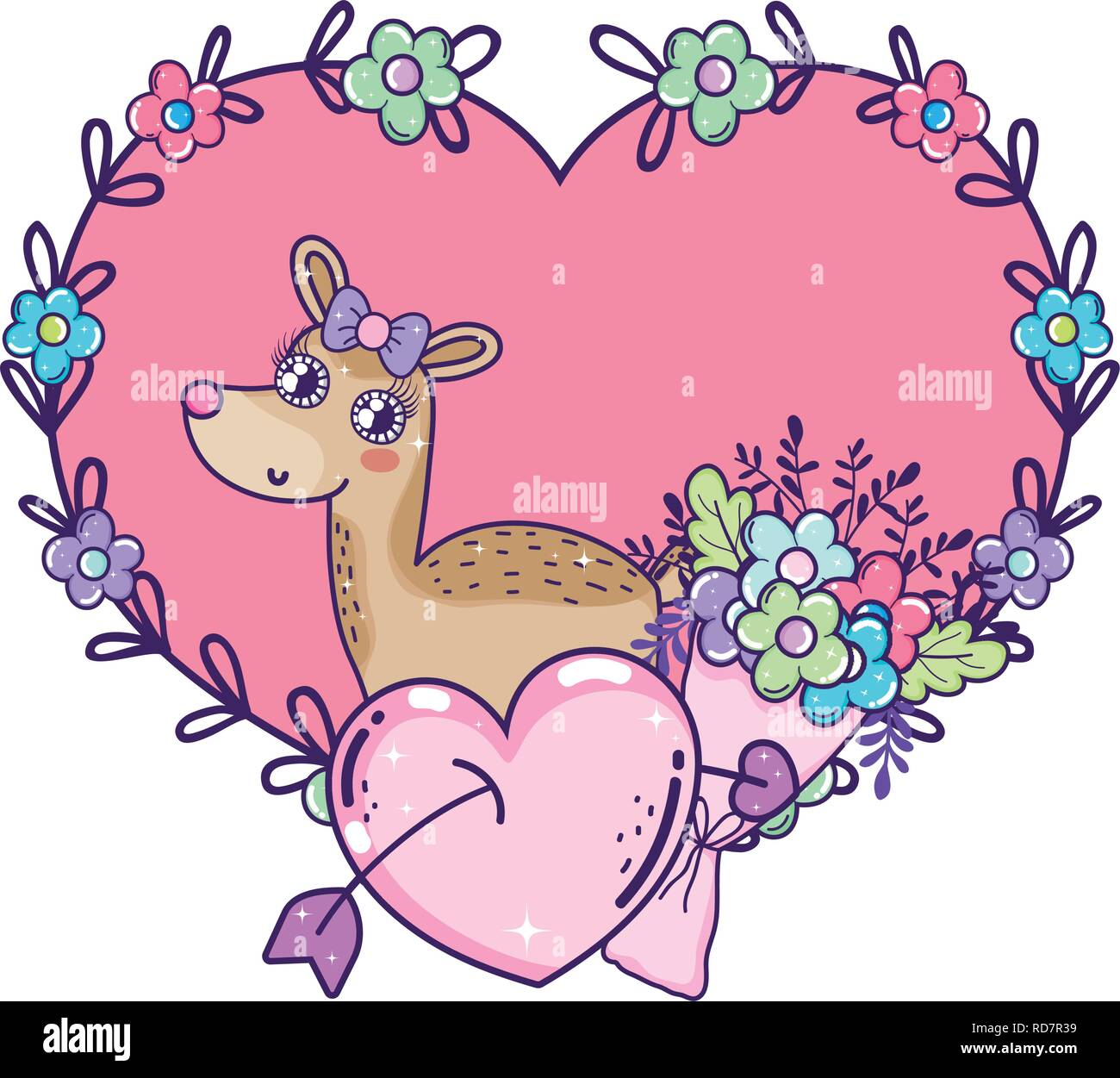 cute love female reindeer with flowers and heart Stock Vector Image ...